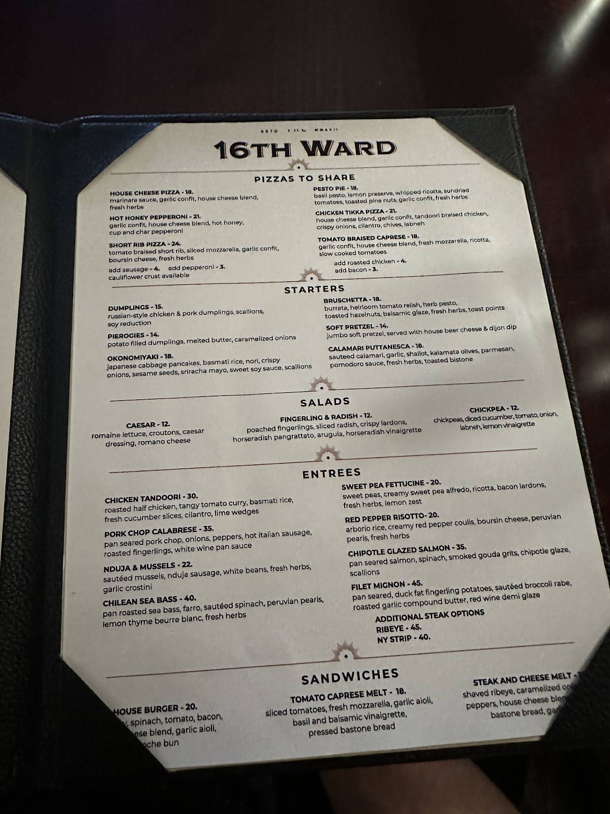 Menu at The 16th Ward restaurant, Scranton