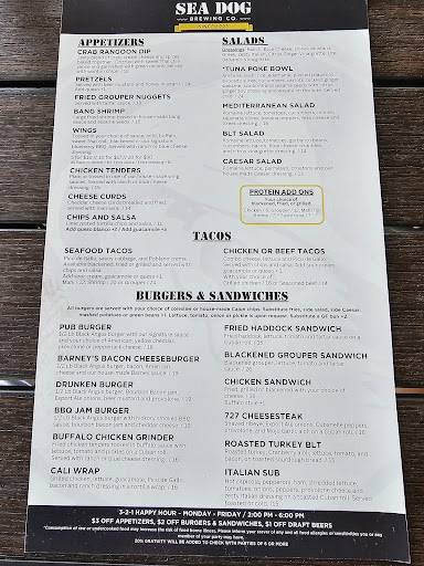 Menu at Sea Dog Brewing Co. pub & bar, Treasure Island