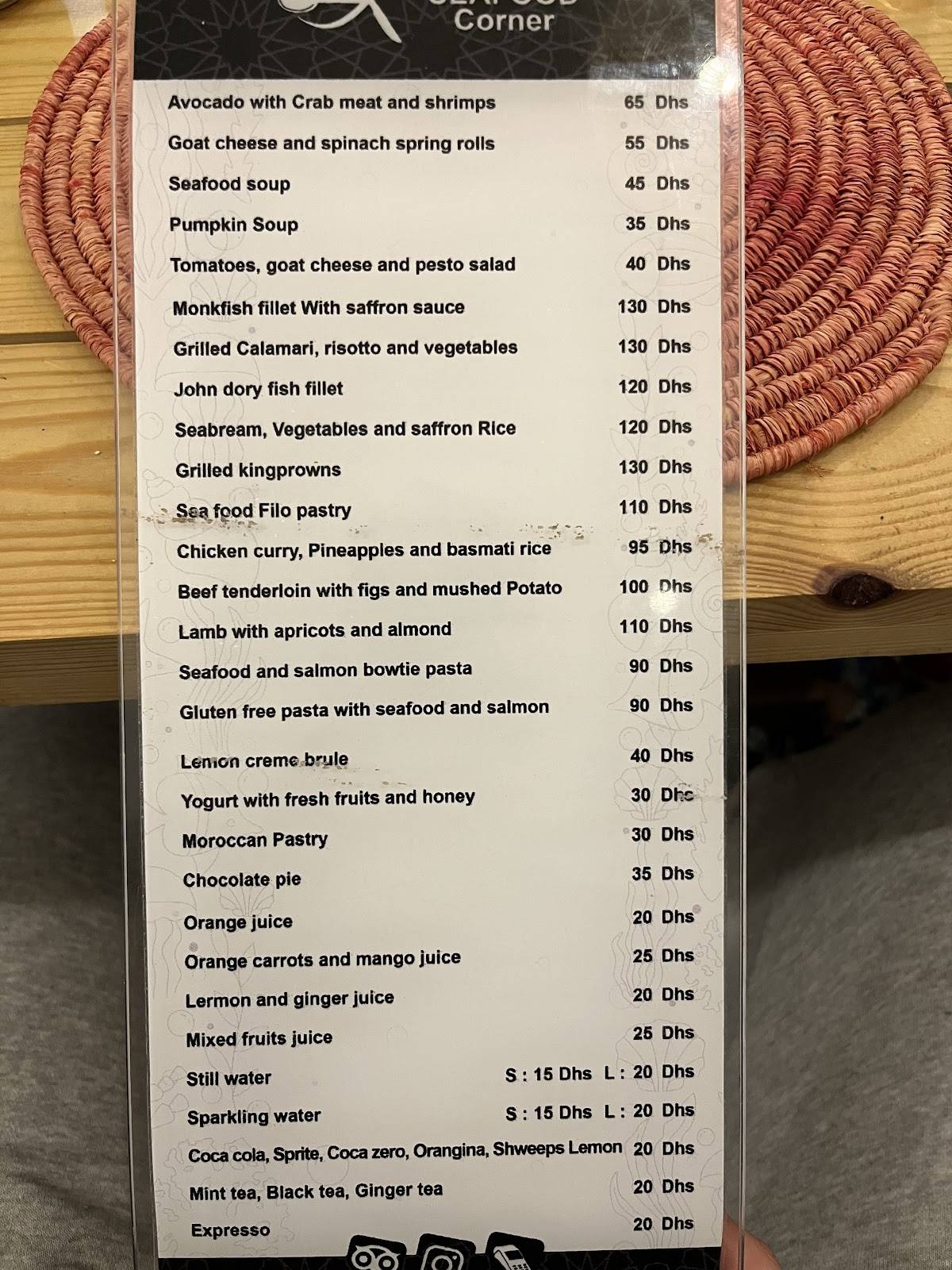 Carta del restaurante Seafood Corner, Esauira