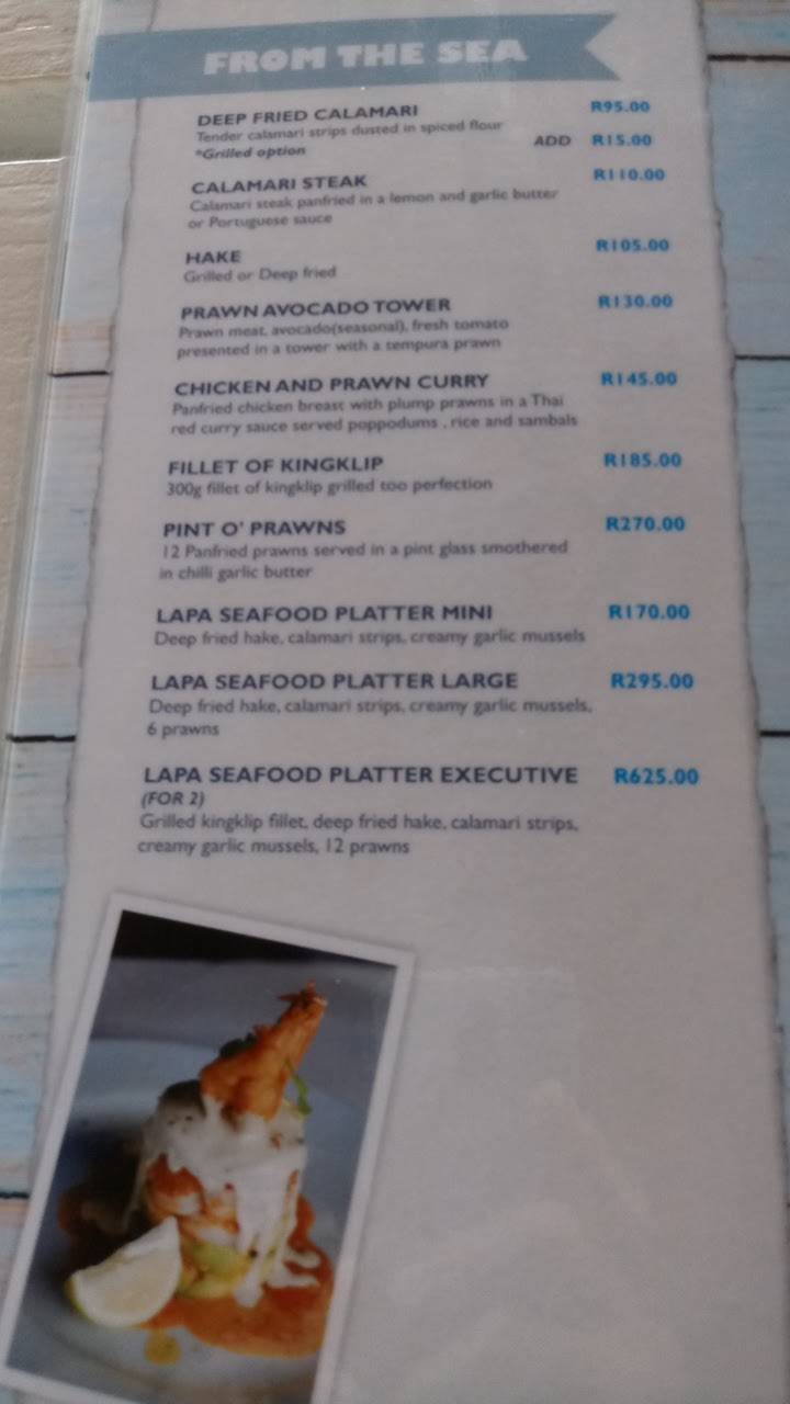Menu at Seafood Lapa Melkbosstrand restaurant, Cape Town