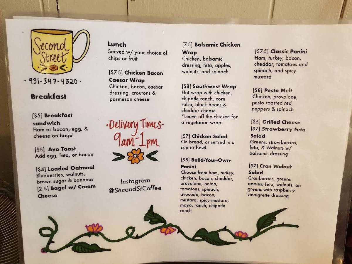 Menu at Second Street Coffee House, Pulaski, 102 S 2nd St