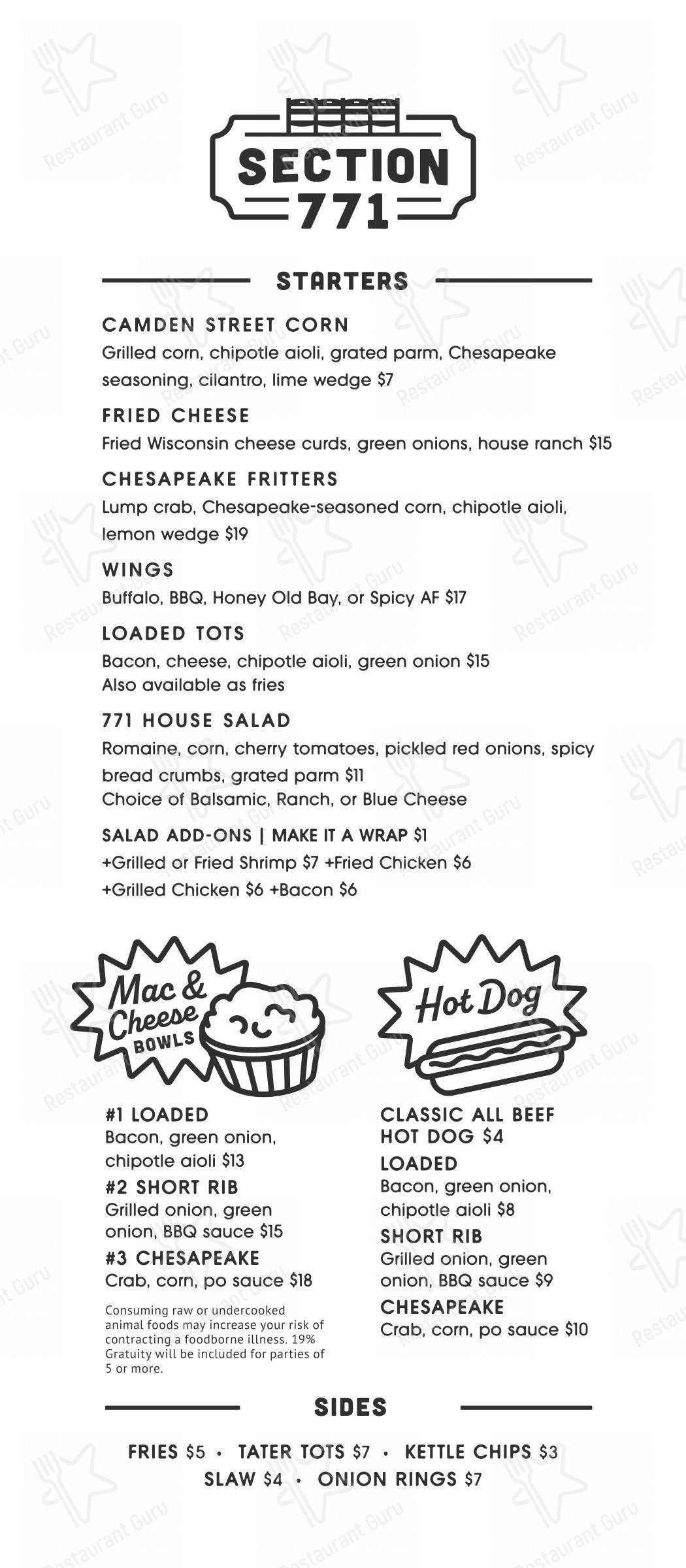 Menu at Section 771 pub & bar, Baltimore
