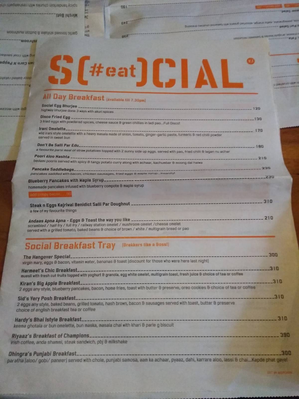 Menu at Sector 7 Social, Chandigarh