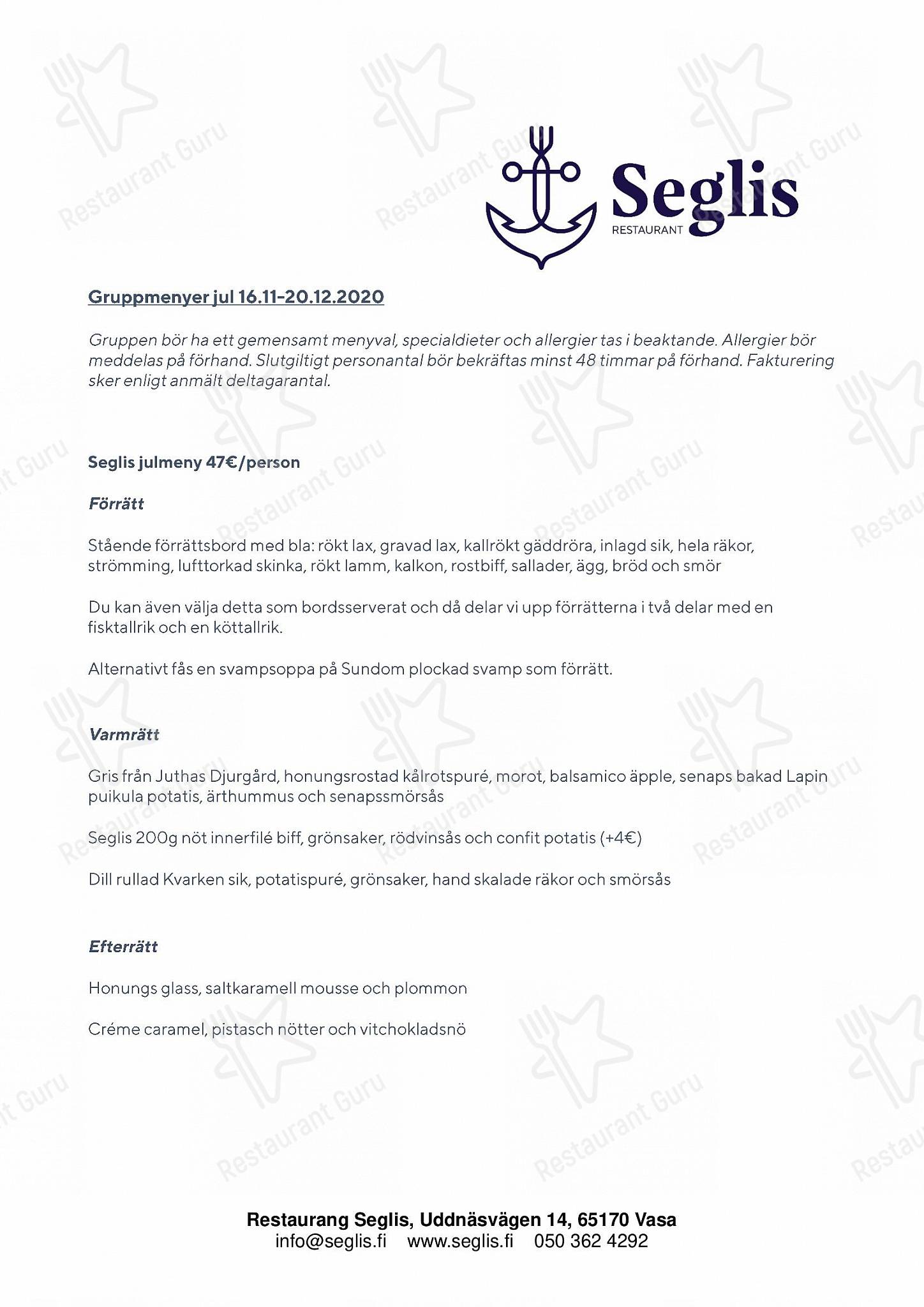 Menu at Ravintola Seglis - Restaurang Seglis restaurant, Vaasa