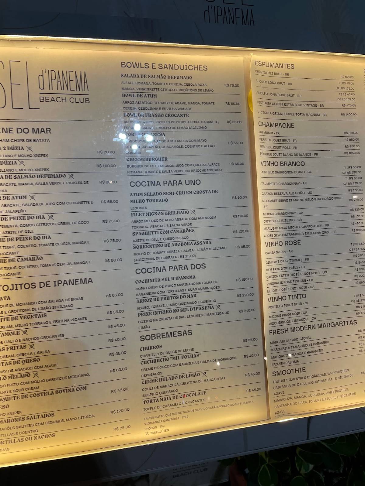 Menu at Sel d'Ipanema Beach Club, Rio de Janeiro, Avenida Vieira Souto