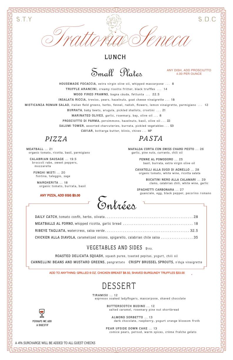 Menu at Seneca Trattoria restaurant, San Diego