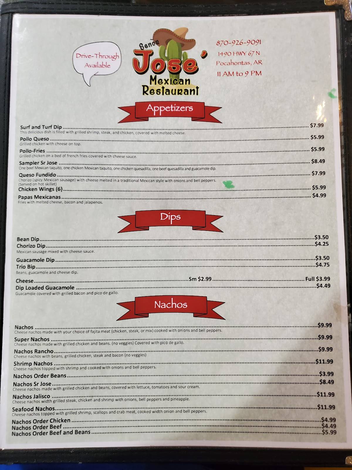 Menu at Señor José Grill restaurant, Pocahontas