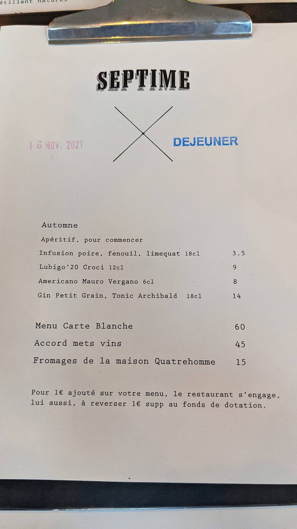 Menu at Septime restaurant, Paris, 80 Rue de Charonne