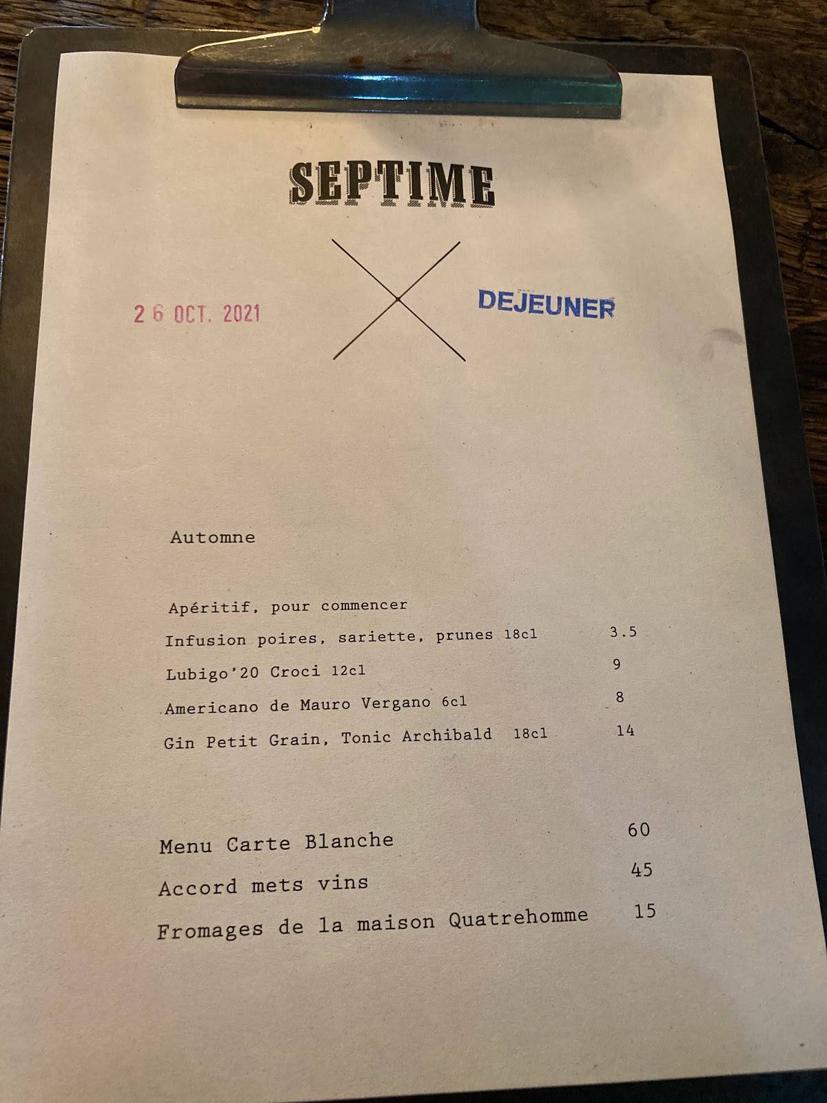 Menu at Septime restaurant, Paris, 80 Rue de Charonne