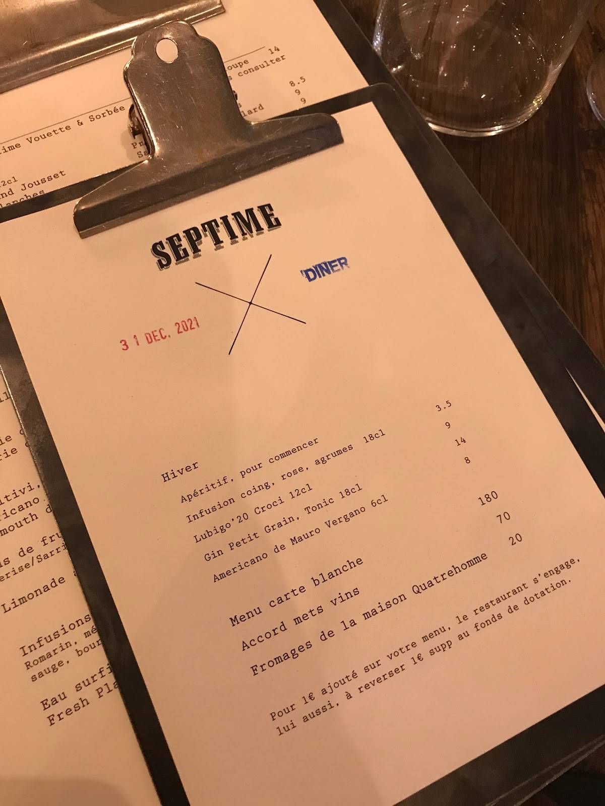 Menu at Septime restaurant, Paris, 80 Rue de Charonne