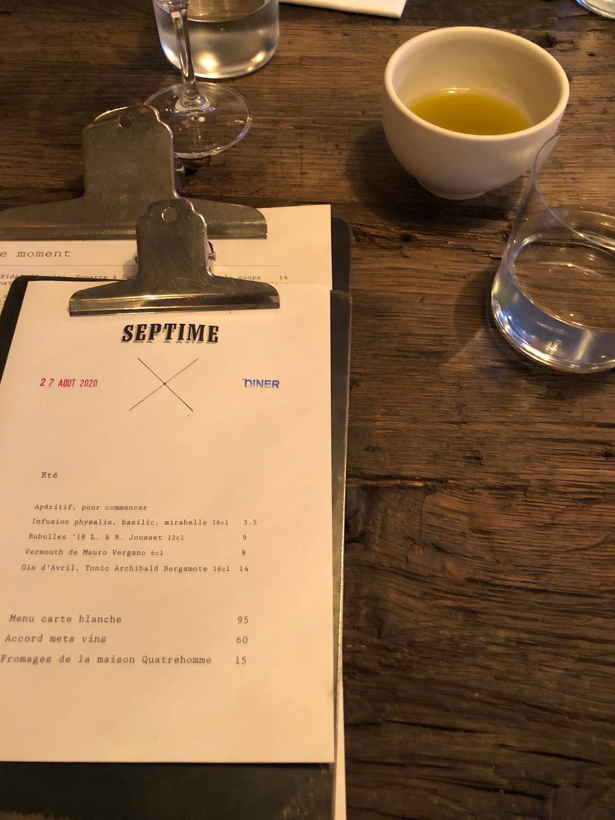 Menu at Septime restaurant, Paris, 80 Rue de Charonne