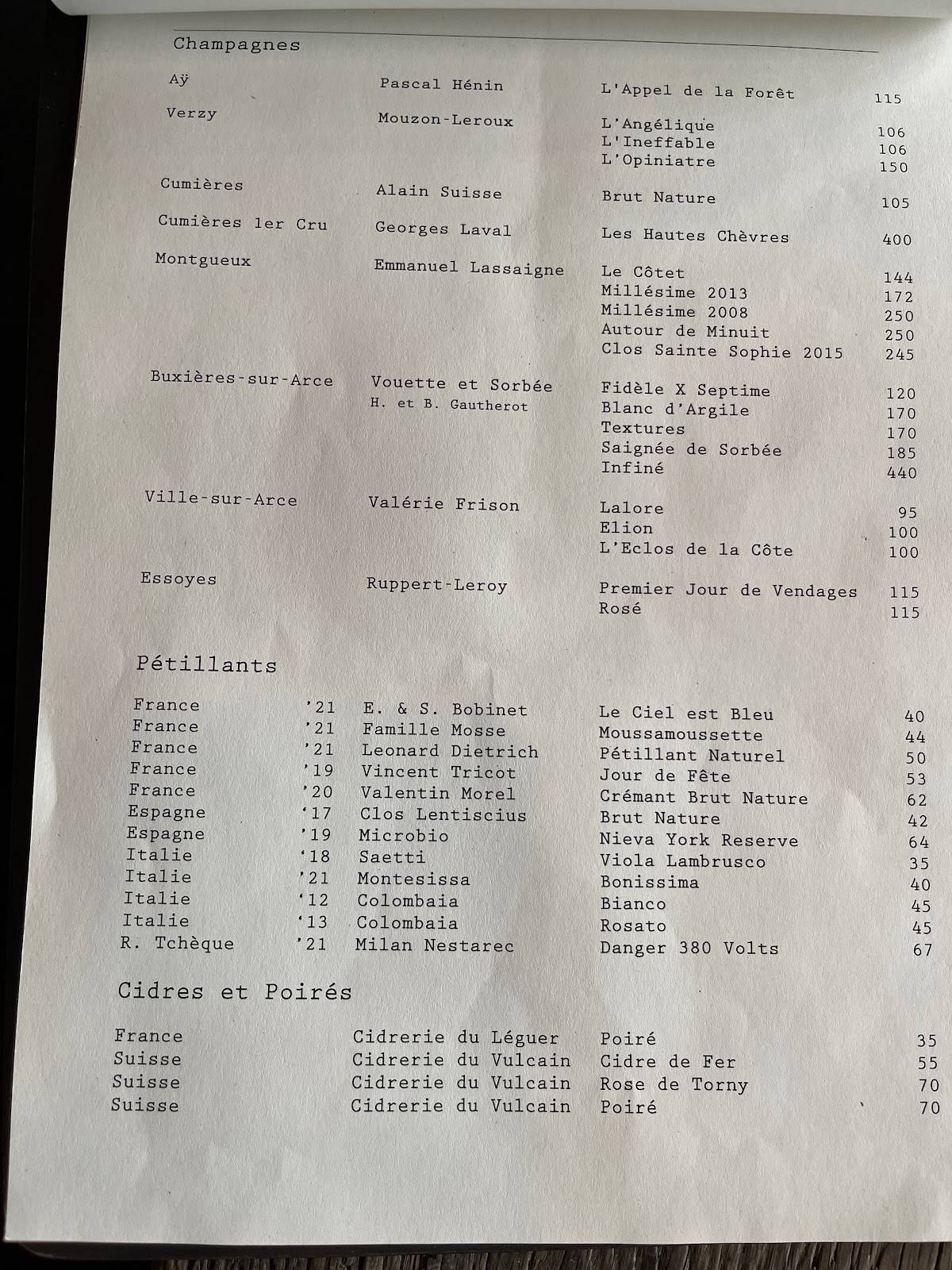 Menu at Septime restaurant, Paris, 80 Rue de Charonne