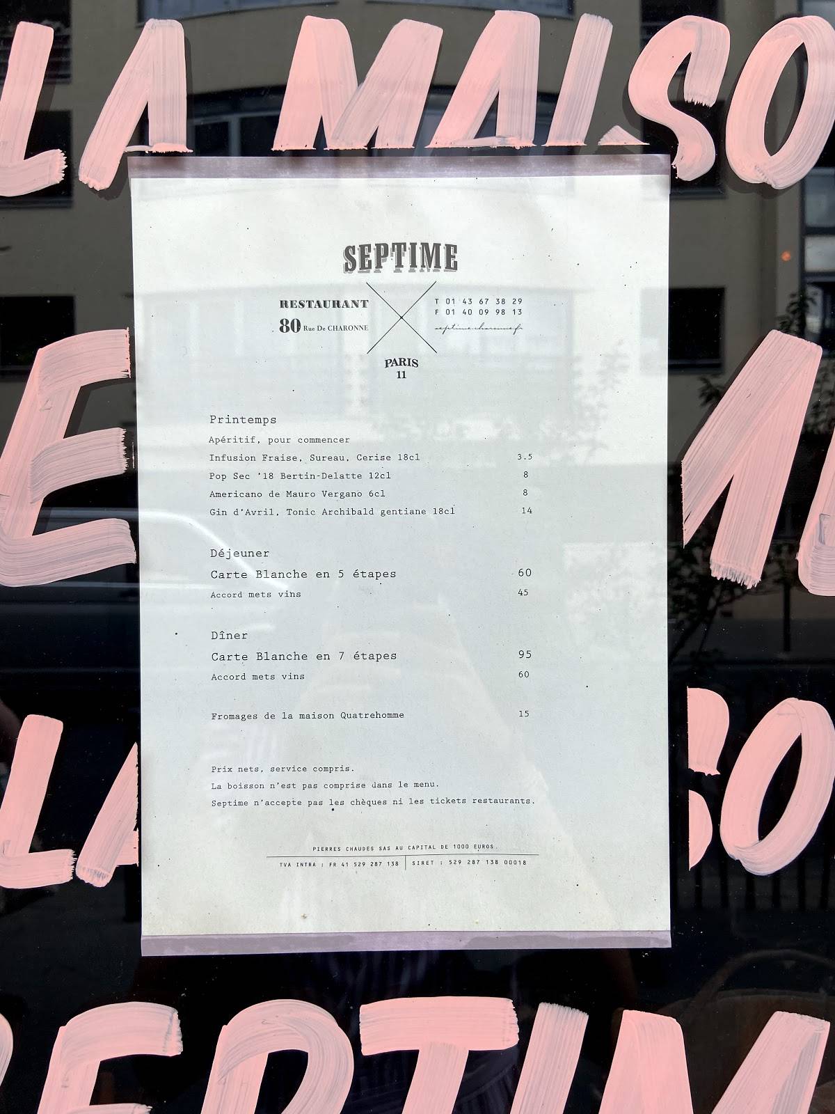 Menu at Septime restaurant, Paris, 80 Rue de Charonne
