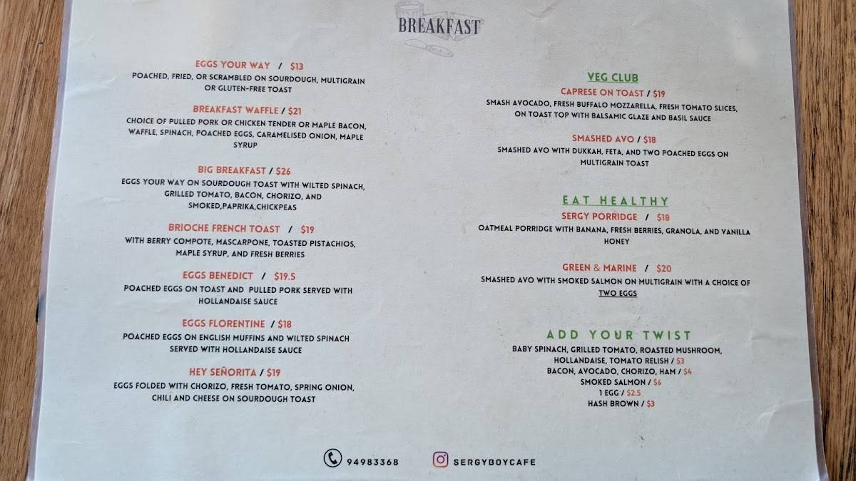 Menu at Sergy Boy cafe, Docklands