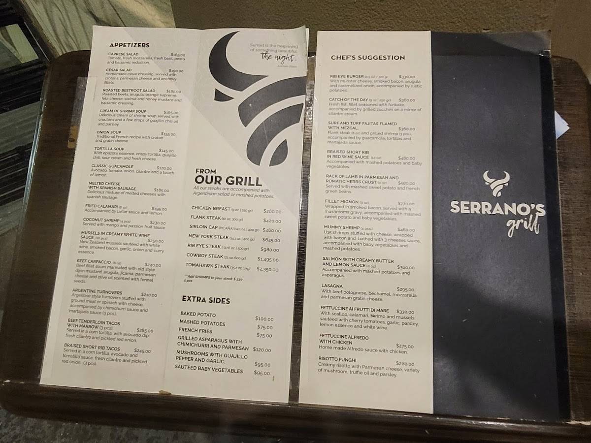 Menu at Serrano’s Grill restaurant, Puerto Vallarta