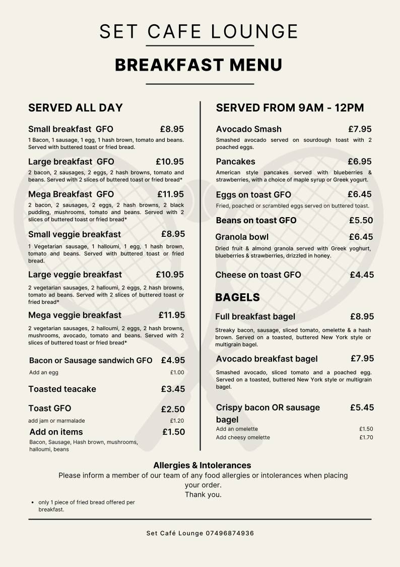 Menu at Set Cafe Lounge, Newquay