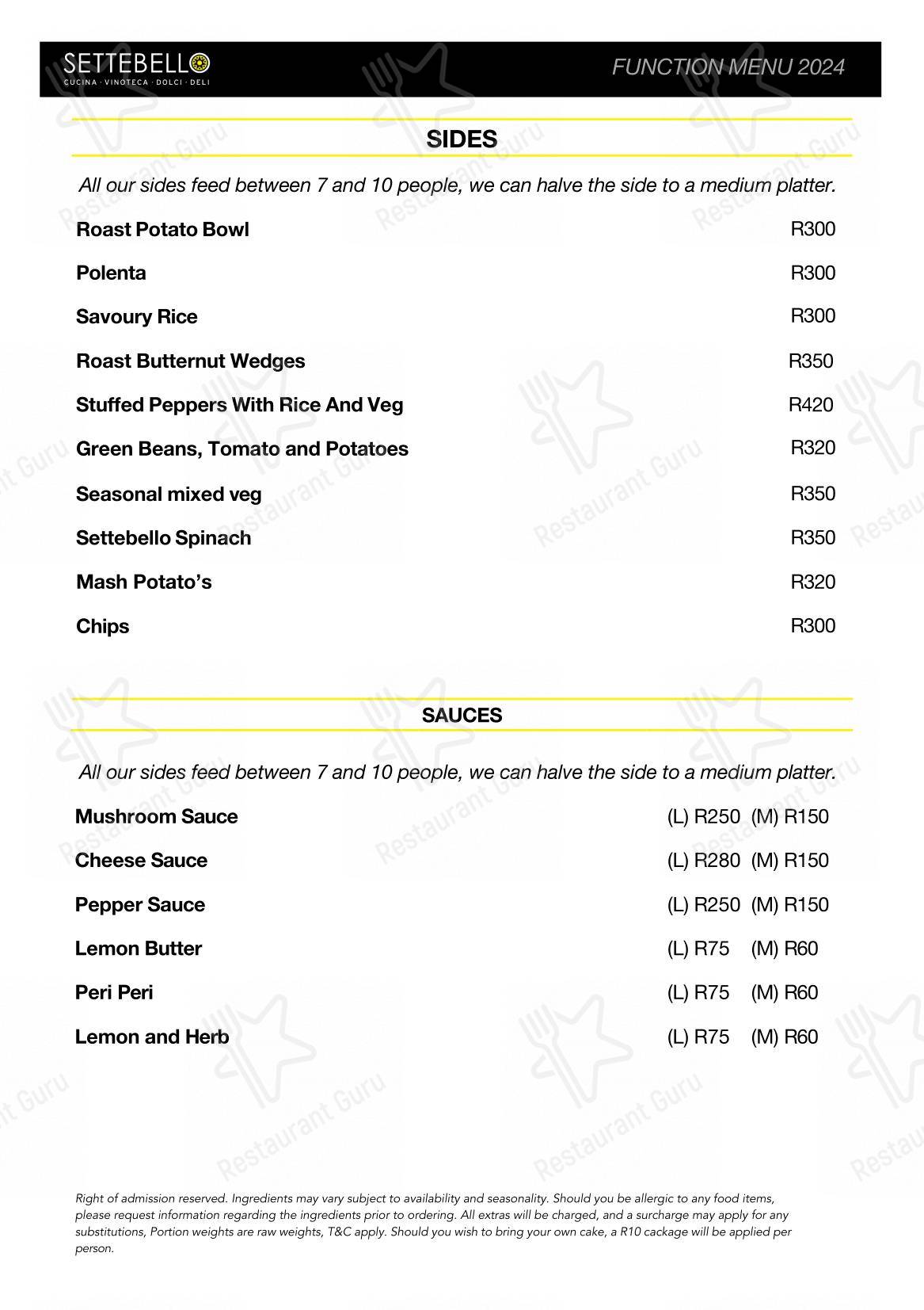 Menu bij SetteBello at the Italian Club, Germiston