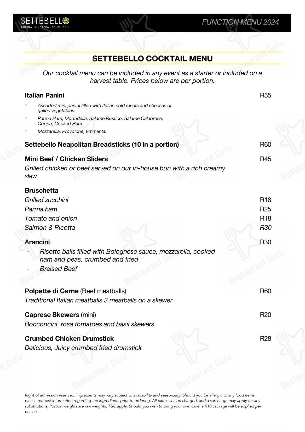 Menu bij SetteBello at the Italian Club, Germiston