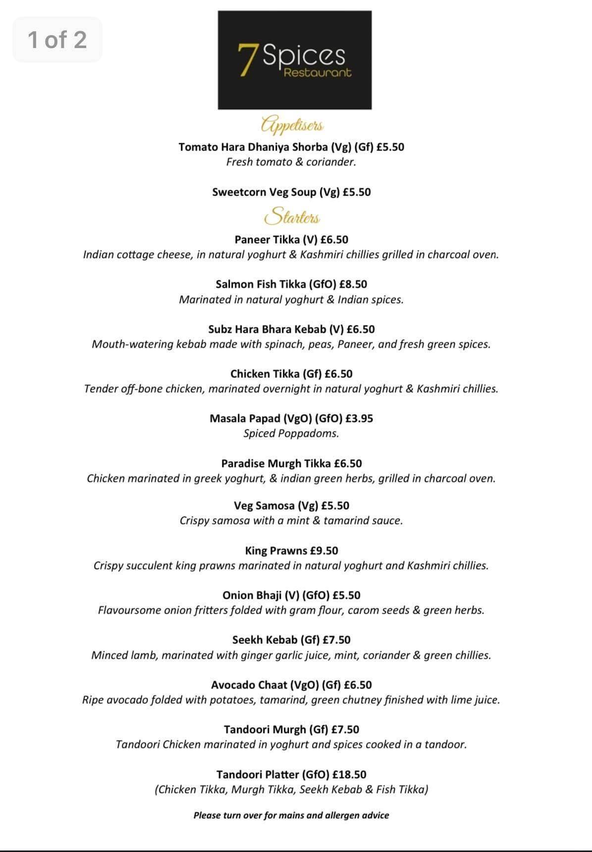 Menu at Seven Spices at The New Times restaurant, Tiptree