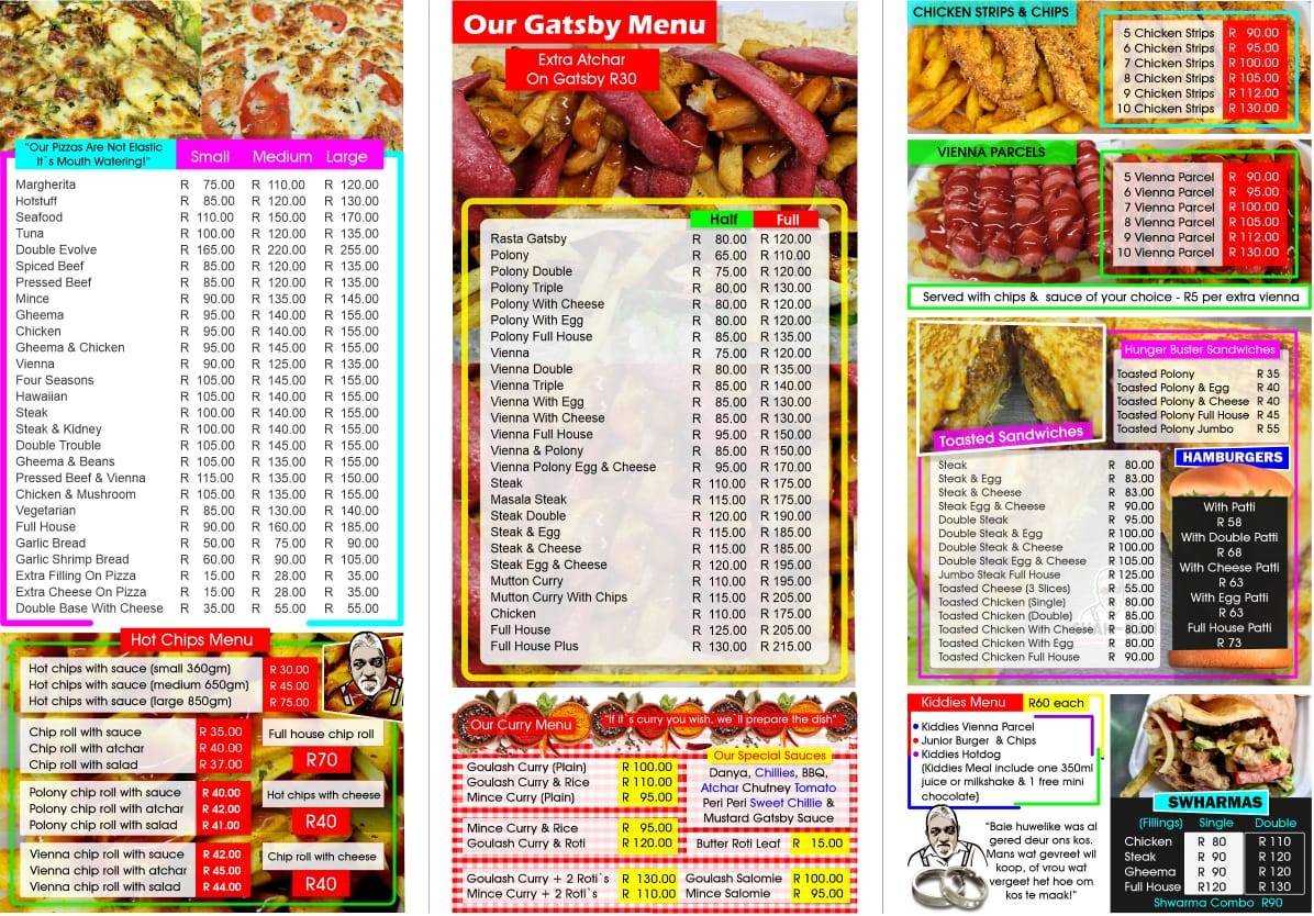 Menu at Shah-Zah restaurant, Cape Town