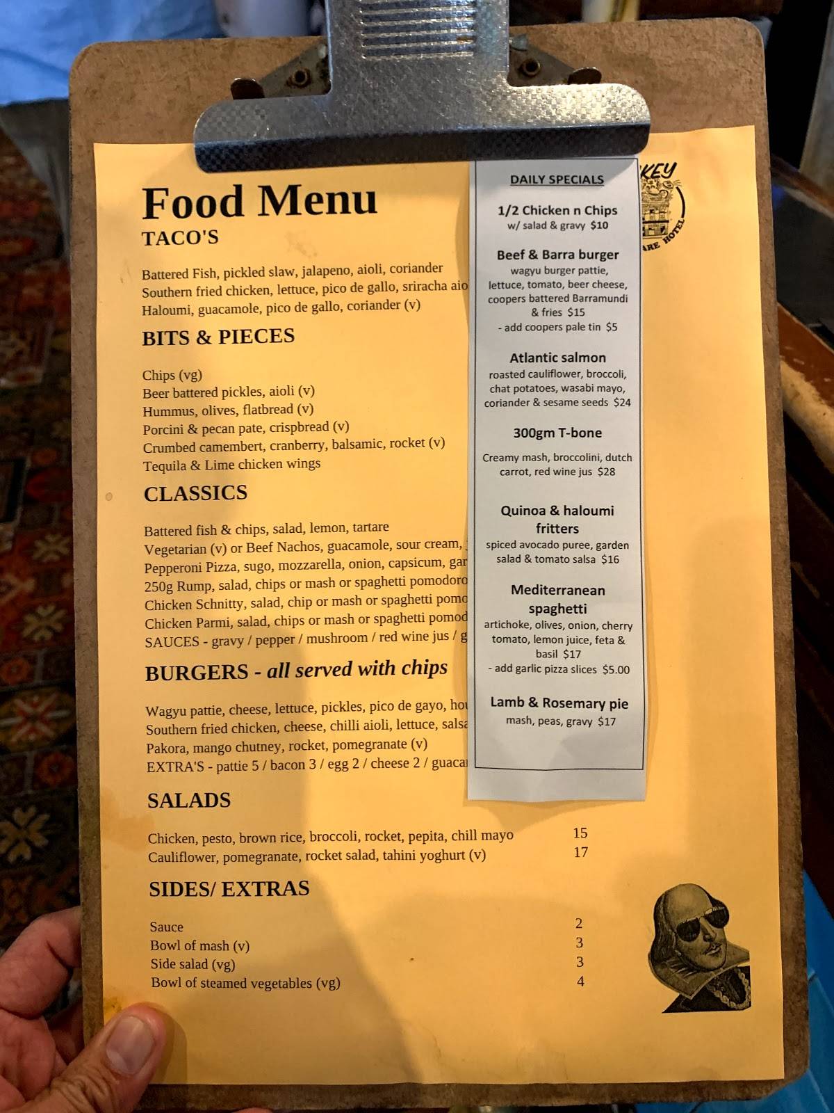Menu at Shakespeare Hotel pub & bar, Sydney