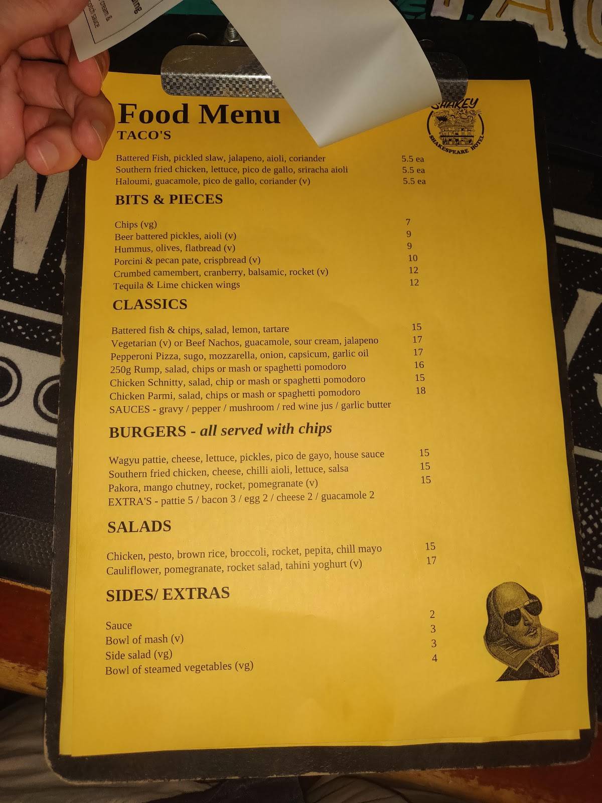 Menu at Shakespeare Hotel pub & bar, Sydney