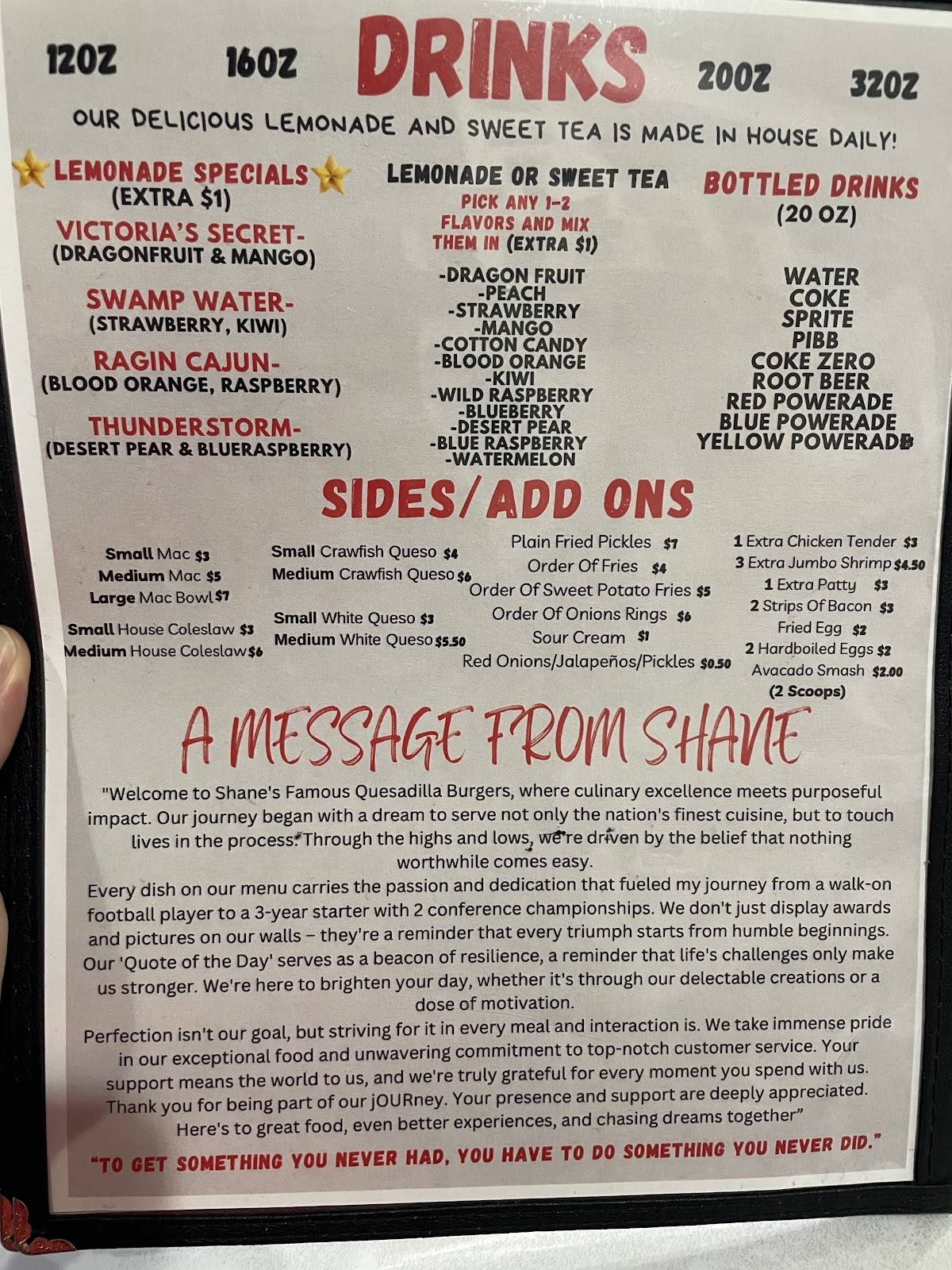 Menu at Shane's Famous Quesadilla Burgers restaurant, Lafayette