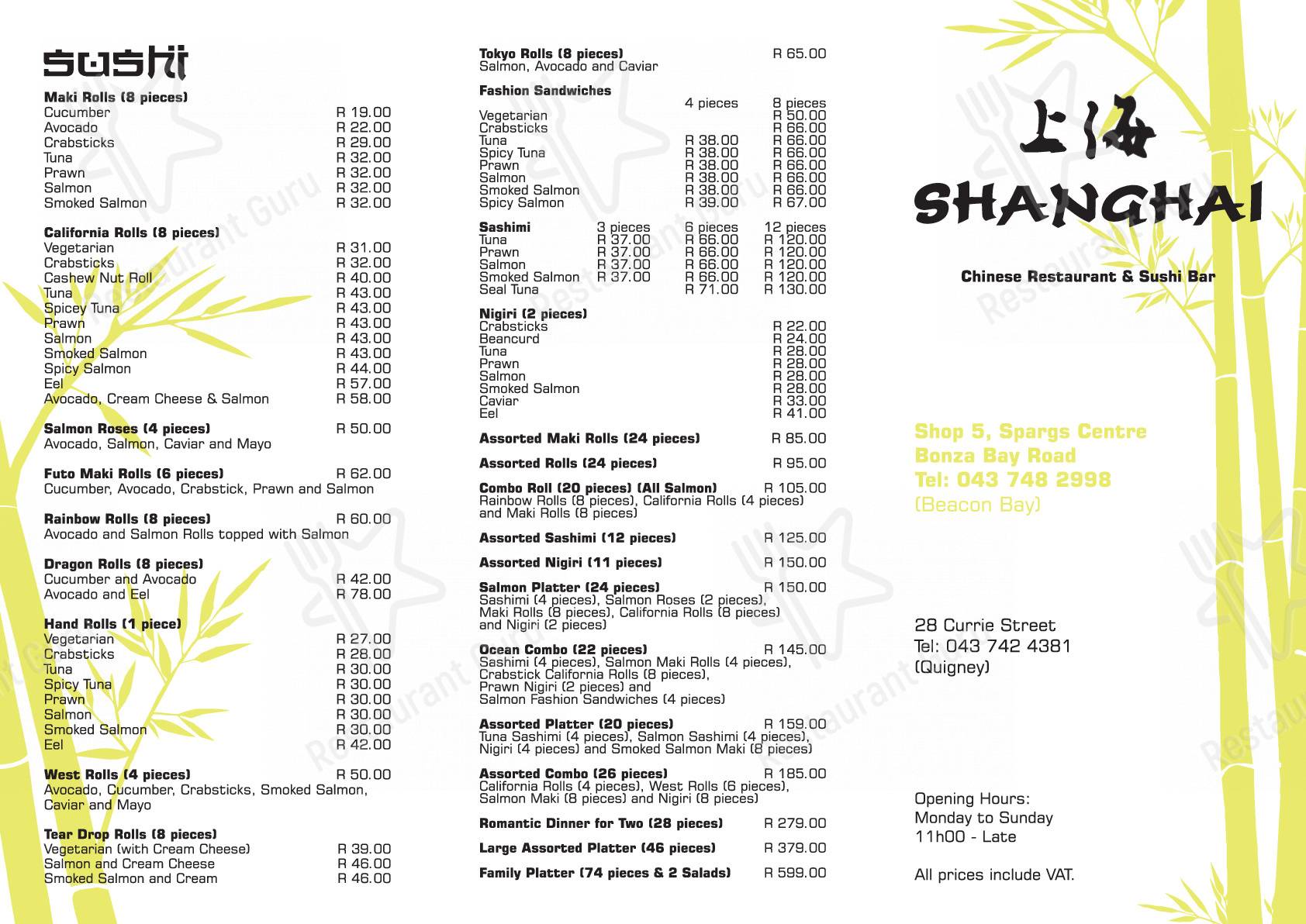 Menu at Shanghai Chinese Restaurant & Sushi Bar, East London, Beacon bay