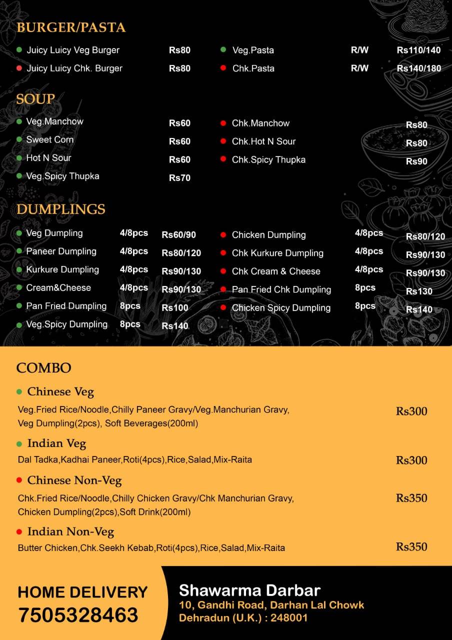 Menu at Shawarma Darbar, Dehradun