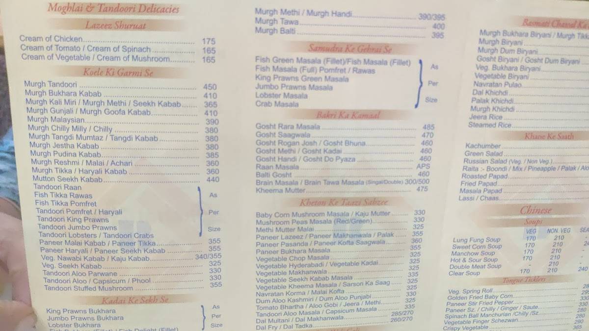 Menu at Sheetal Bukhara, Mumbai, Telephone Exchange