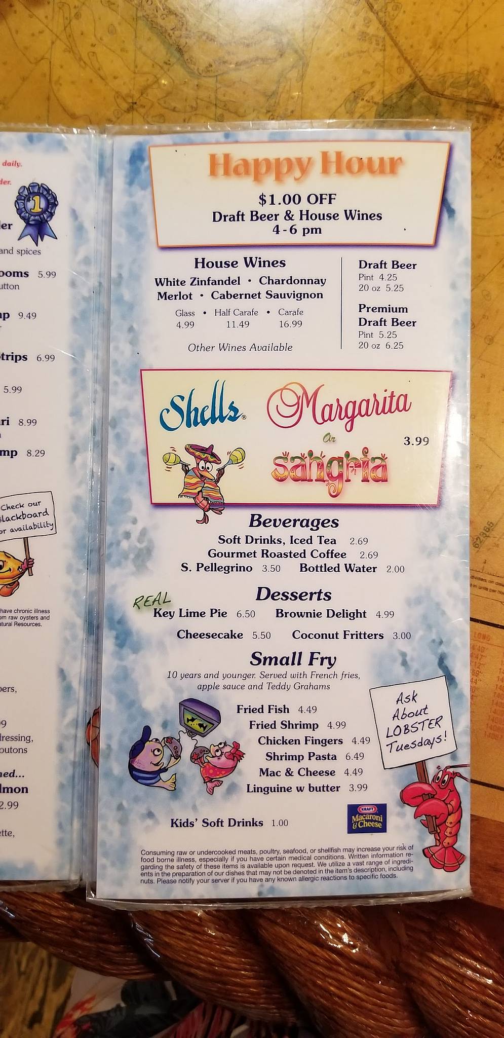 Menu at Shells of Melbourne restaurant, Melbourne