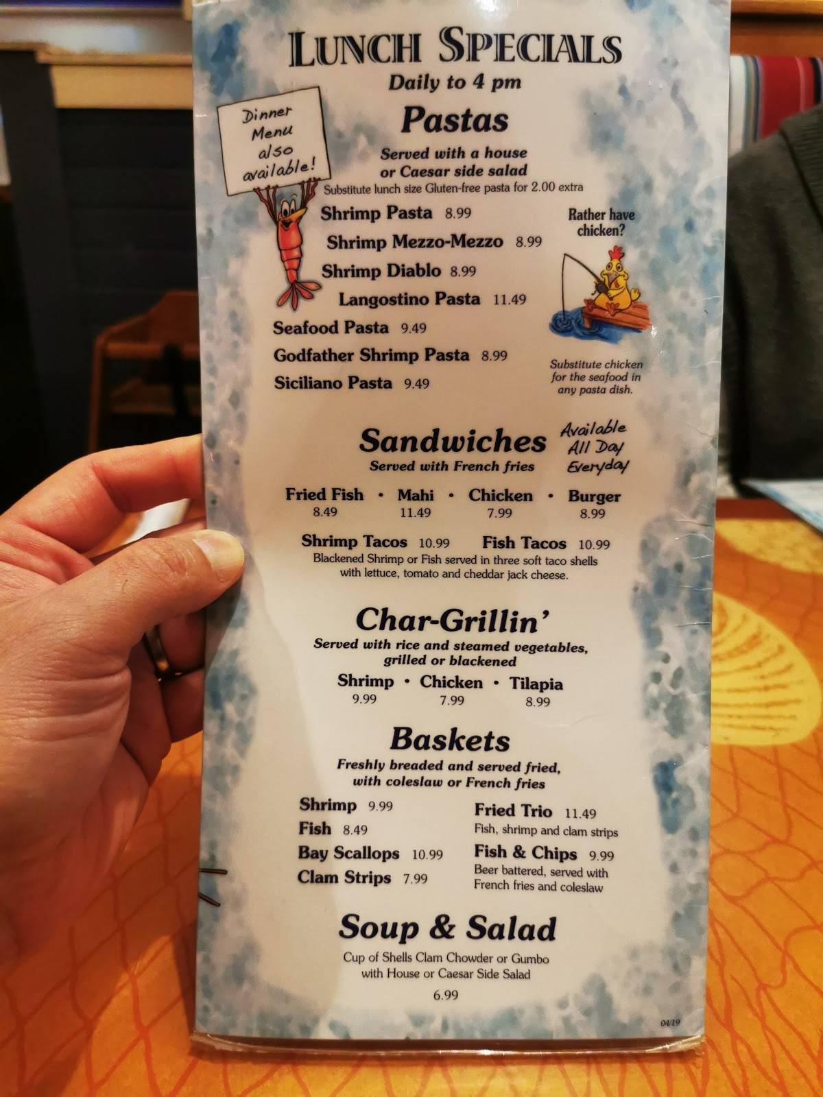 Menu at Shells of Melbourne restaurant, Melbourne