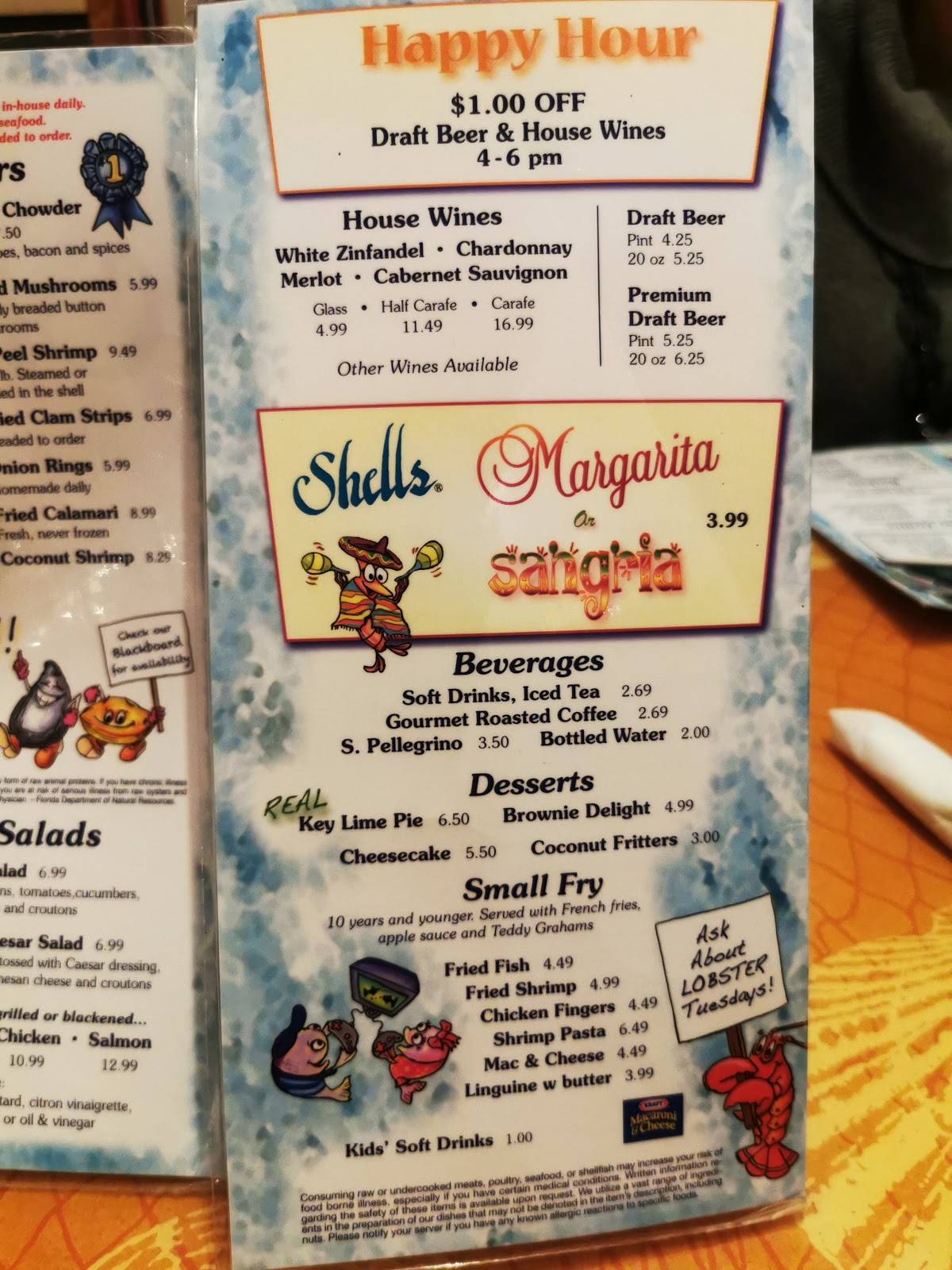 Menu at Shells of Melbourne restaurant, Melbourne