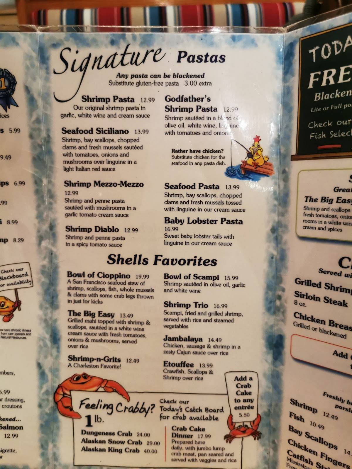 Menu at Shells of Melbourne restaurant, Melbourne