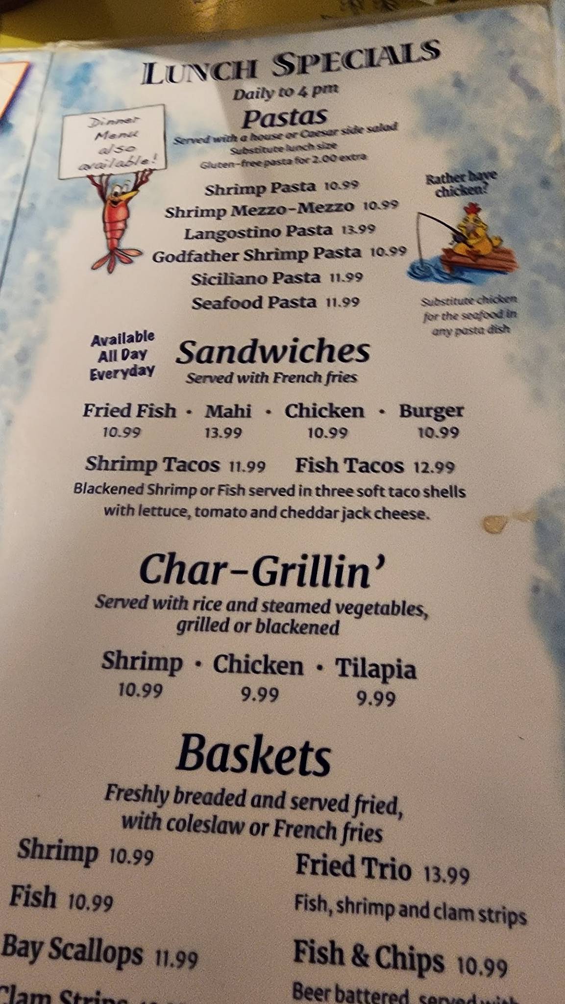 Menu at Shells of Melbourne restaurant, Melbourne