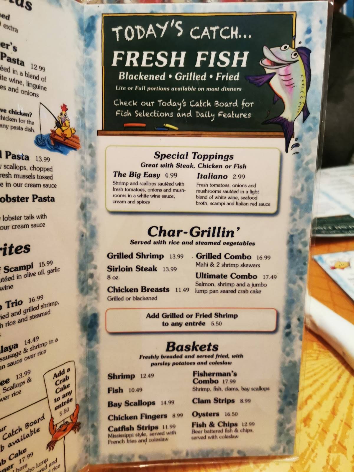 Menu at Shells of Melbourne restaurant, Melbourne