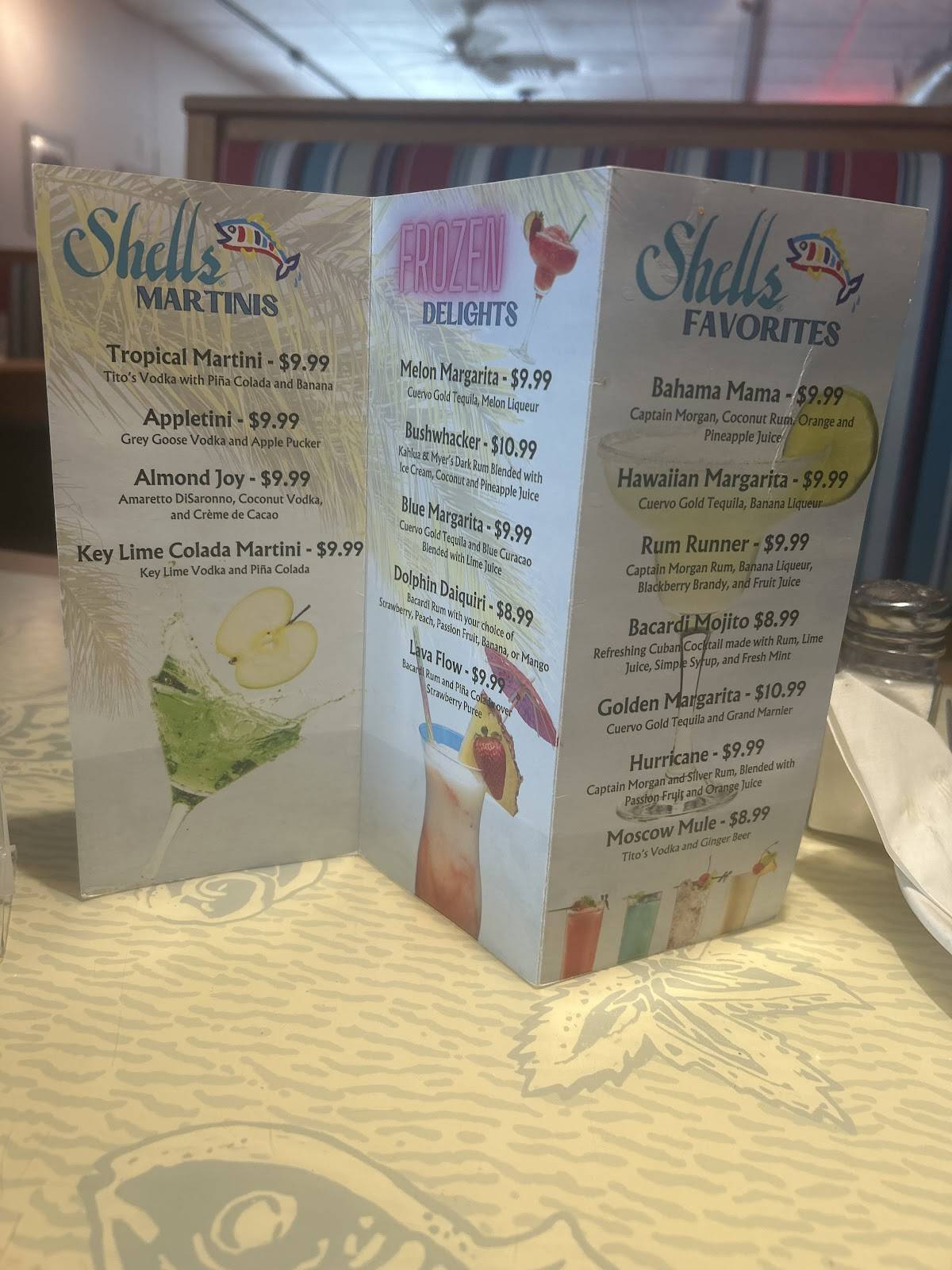 Menu at Shells of Melbourne restaurant, Melbourne