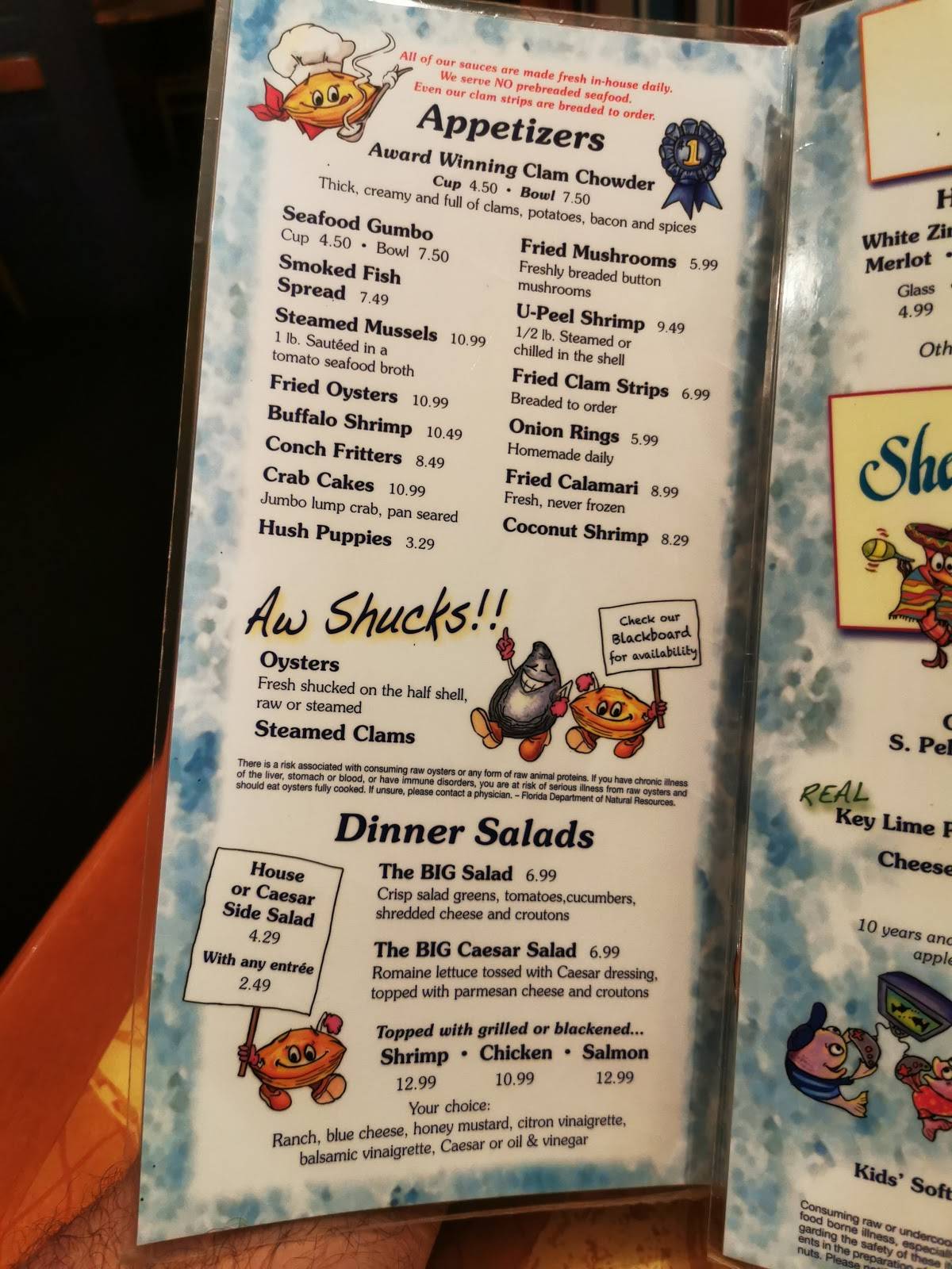 Menu at Shells of Melbourne restaurant, Melbourne