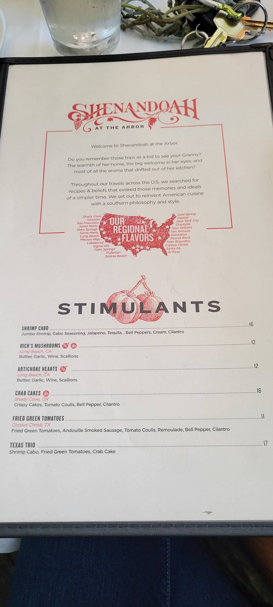 Menu at Shenandoah At the Arbor restaurant, Los Alamitos