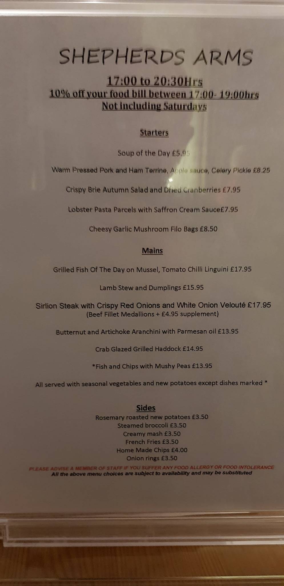 Menu at Shepherds Arms pub & bar, Huddersfield