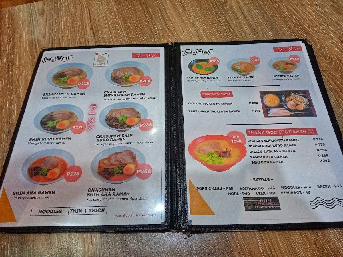 Menu at Shinkansen Ramen & Izakaya restaurant, Calamba