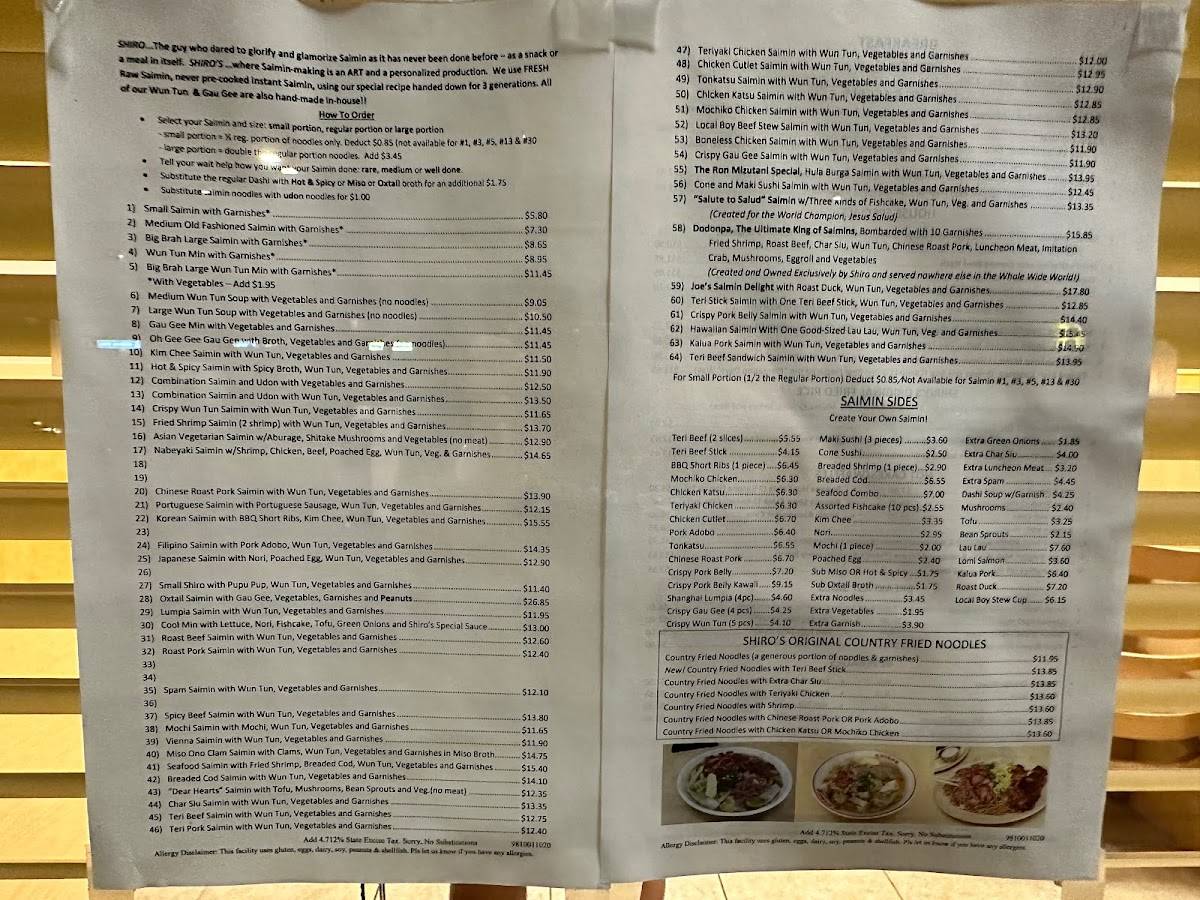 Menu at Shiro's Saimin Haven restaurant, Aiea