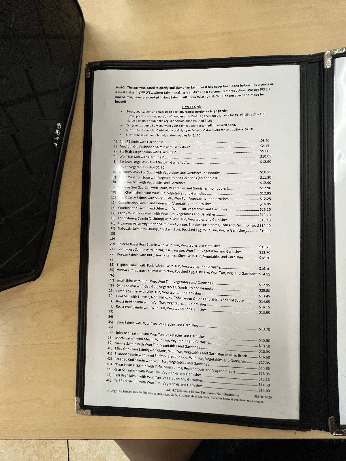 Menu at Shiro's Saimin Haven restaurant, Aiea