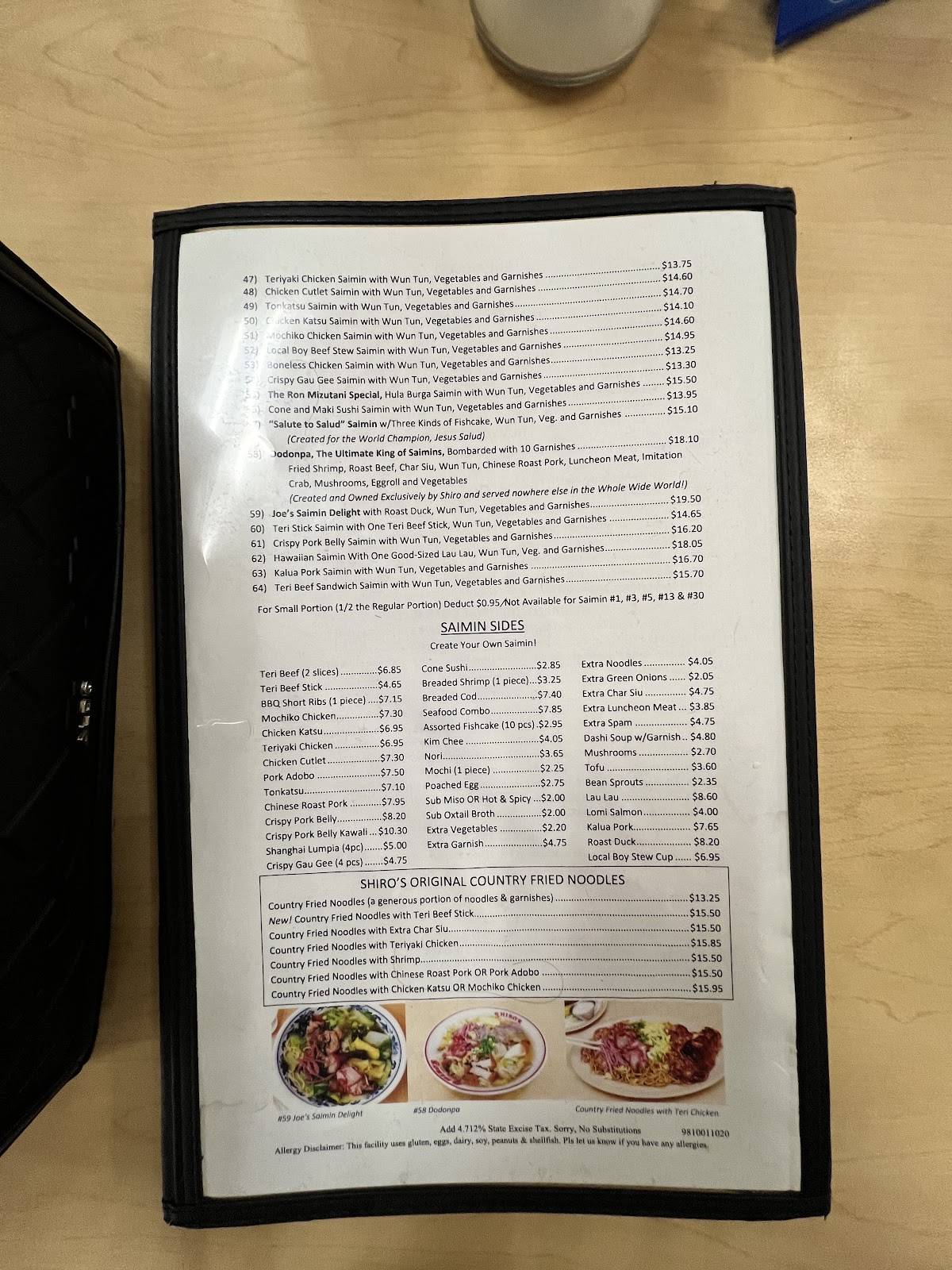 Menu at Shiro's Saimin Haven restaurant, Aiea