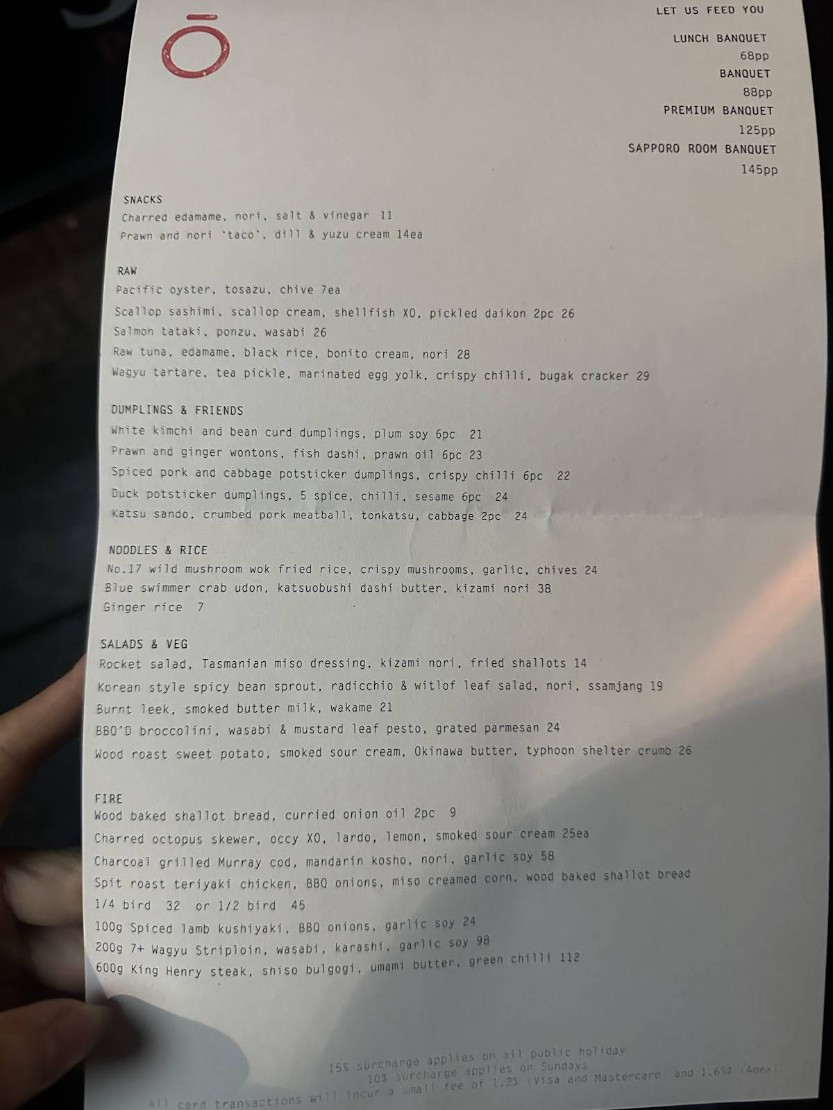 Menu at Shobosho restaurant, Adelaide