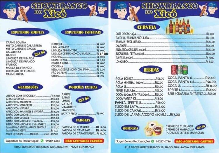 Menu at Showrrasco do Xicó restaurant, Manaus