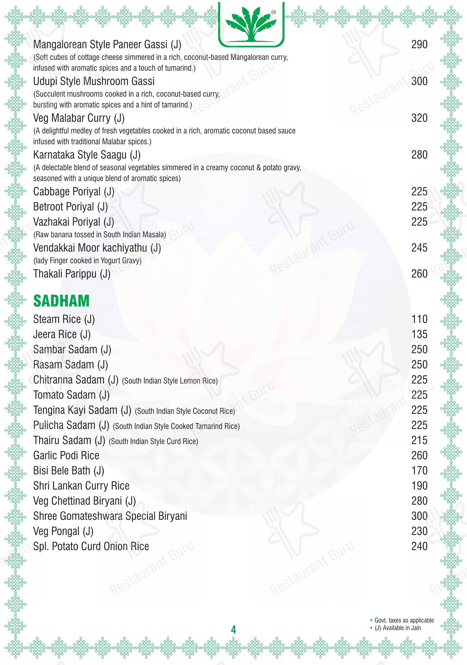 Menu at Shree Gomateshwara Bhavan, Mumbai