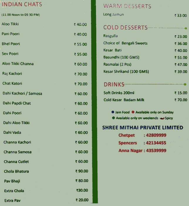 Menu at Shree Mithai, Chennai, S-85