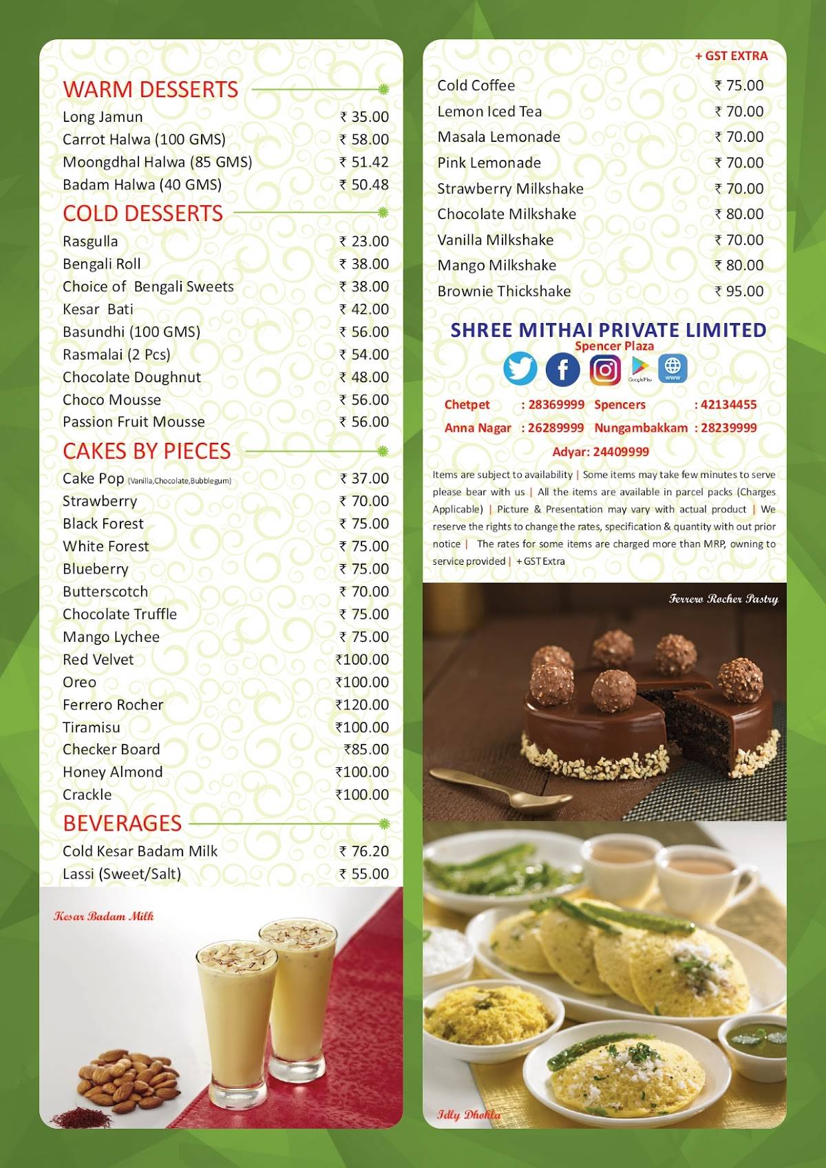 Menu at Shree Mithai, Chennai, S-85