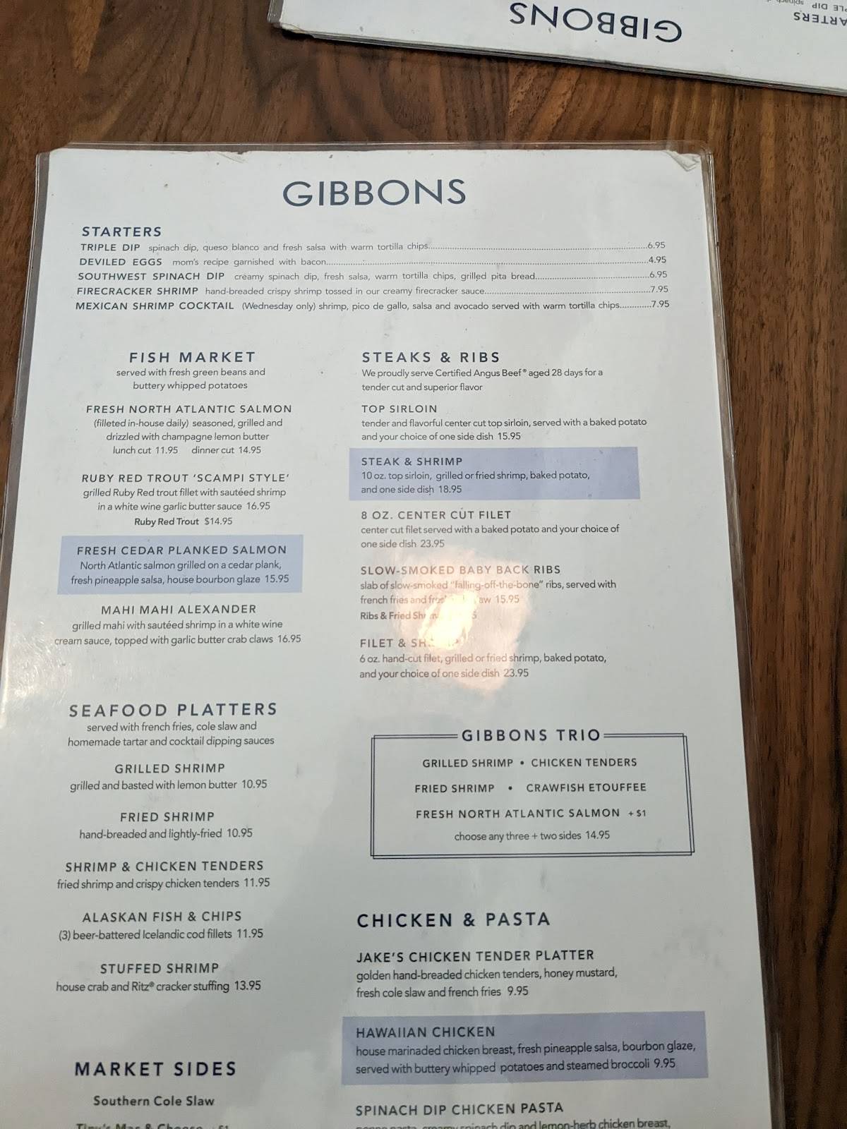 Menu at Gibbons Fine Grill restaurant, Shreveport